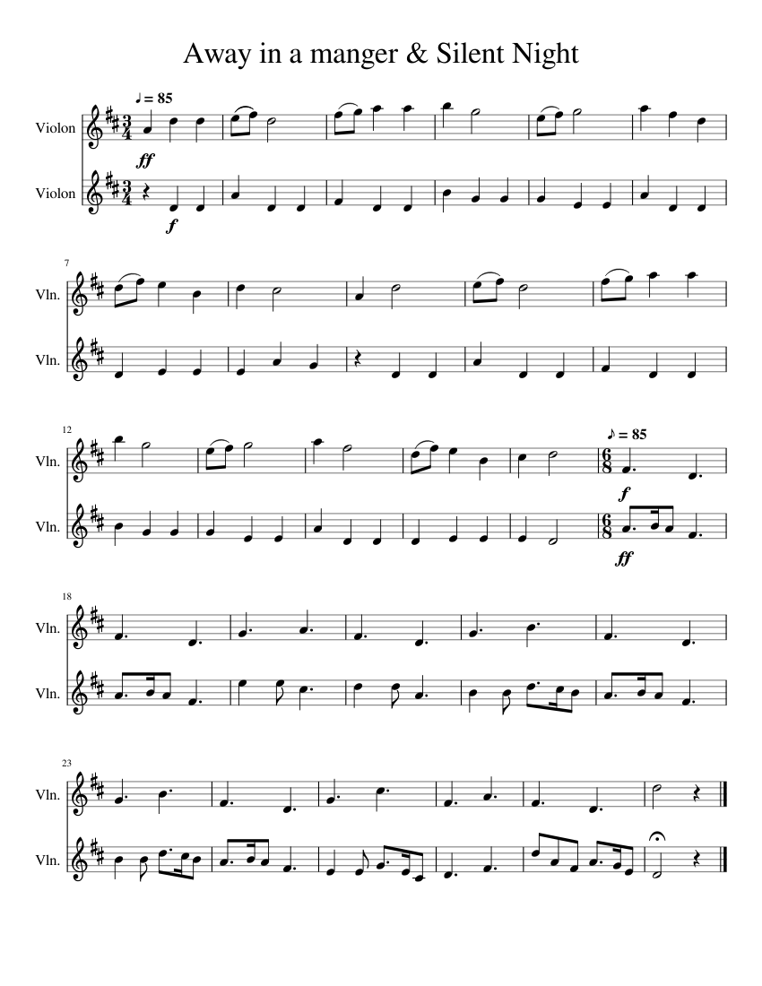 Away in a manger & Silent Night Sheet Music for Violin (String Duet ...