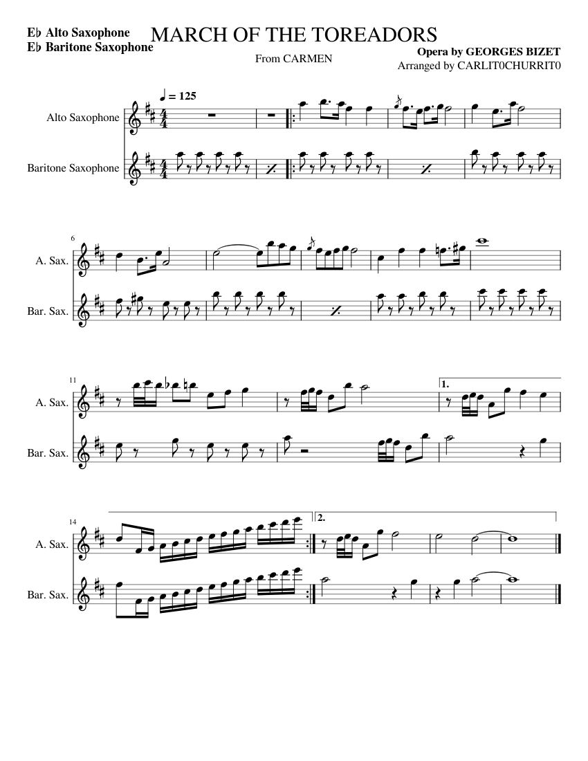 MARCH OF THE TOREADORS (In Eb) by CARLIT0CHURRIT0 Sheet Music for ...