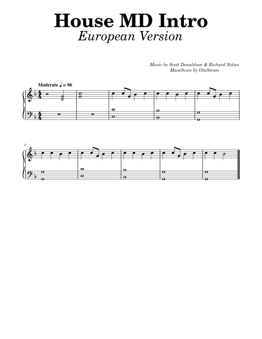 House MD Intro [European] Sheet Music for Piano (Solo) Easy | MuseScore.com