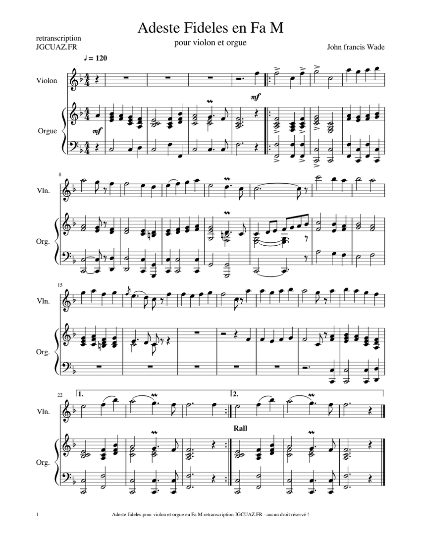 Adeste Fideles – Wade John Francis Sheet music for Organ, Violin (Mixed Duet) | Musescore.com
