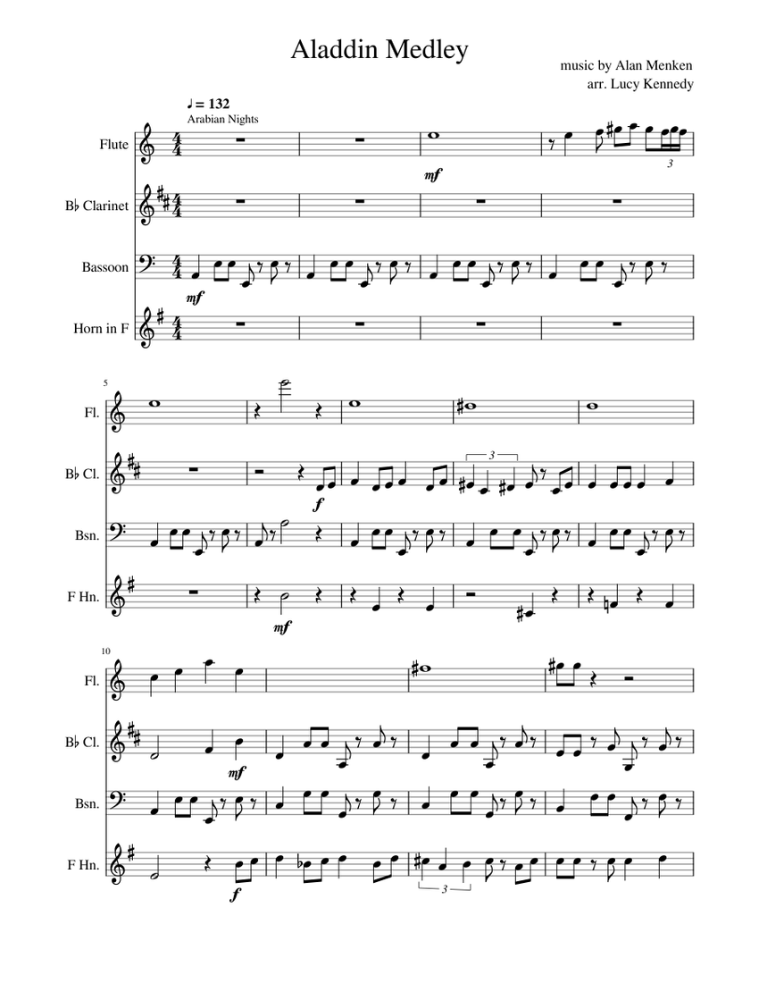 Aladdin Medley Sheet music for Flute, Clarinet in b-flat, Bassoon ...