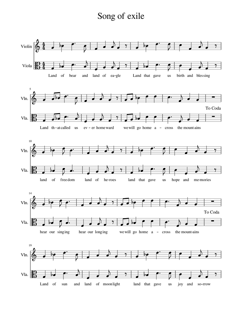 Song of exile (We will go home) Sheet Music for Violin, Viola (String ...