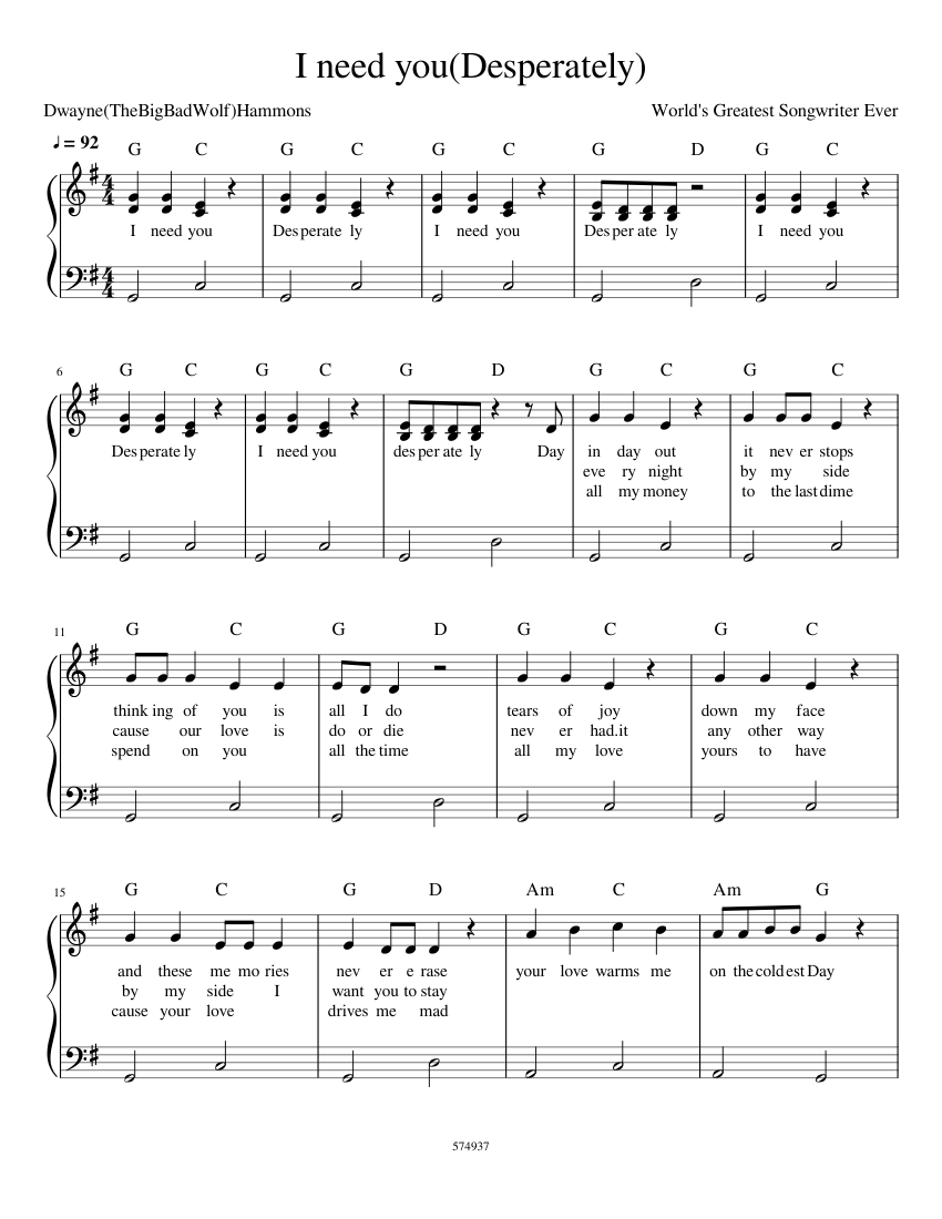I need you Desperately Sheet Music with Chords for Piano (Solo) easy ...