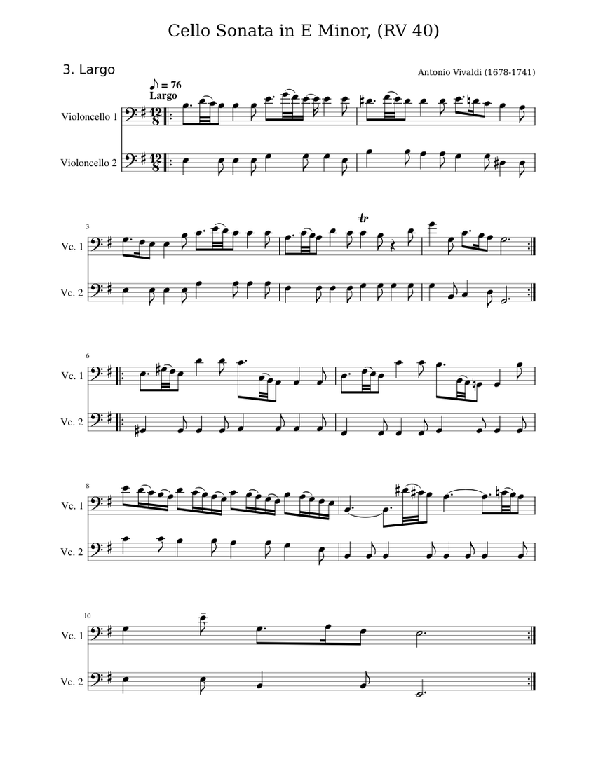Sonata per violoncello e basso continuo n. 5 RV 40 - 3. Largo Sheet music for Cello (String Duet ...