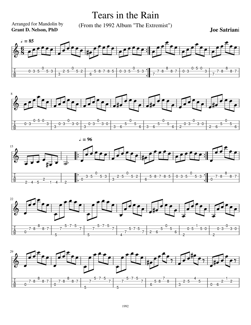 Tears in the Rain for Mandolin Sheet Music and Tab for Mandolin (Solo ...