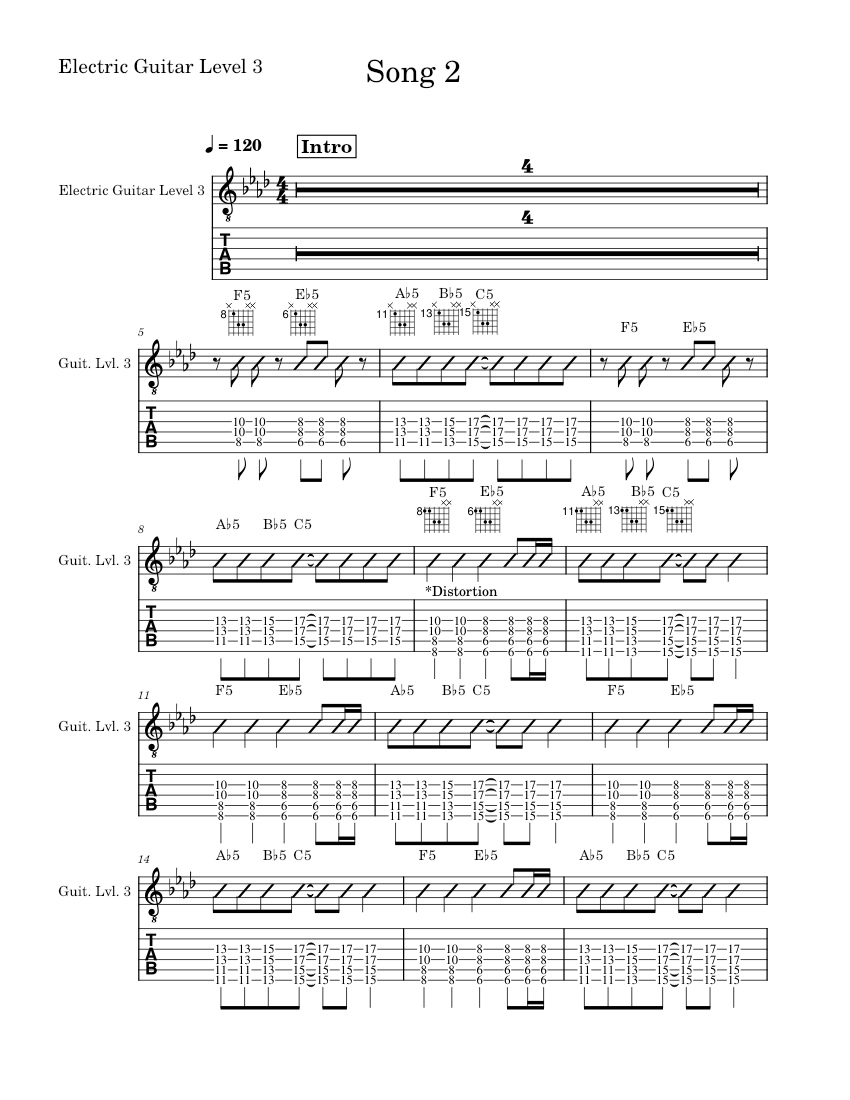 Song 2 – Blur Song 2 - Electric Guitar Level 3 Sheet Music and Tab with ...