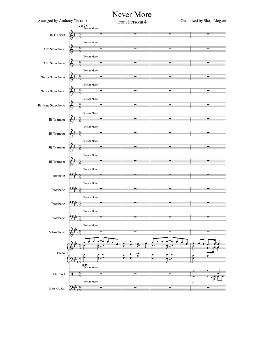 Never More - Persona 4 (Jazz Band) (Complete) Sheet Music with Chords ...