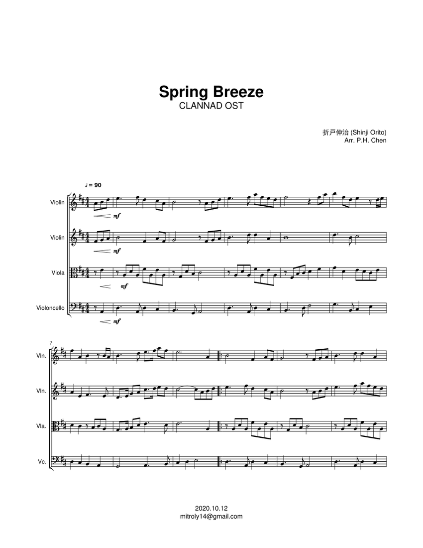 Spring Breeze Sheet Music for Violin, Viola, Cello (String Quartet ...