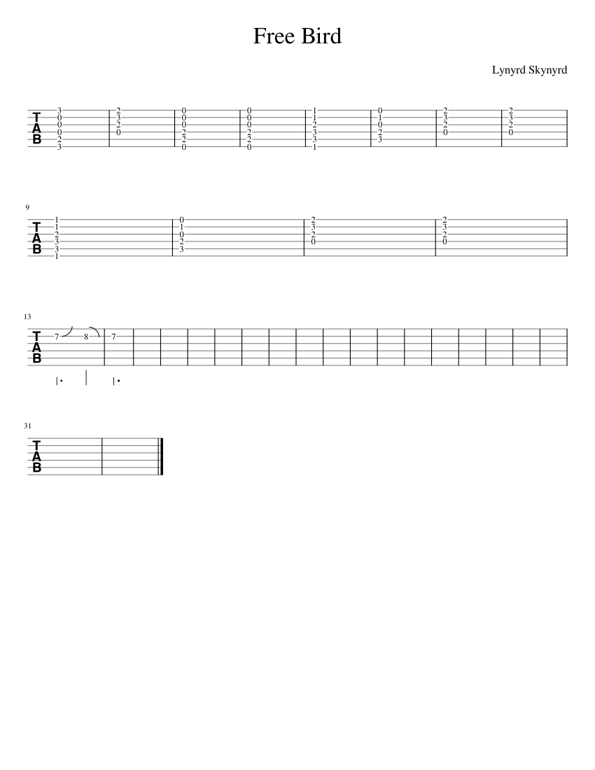 Free Bird Sheet Music and Tab for Guitar (Solo) | MuseScore.com