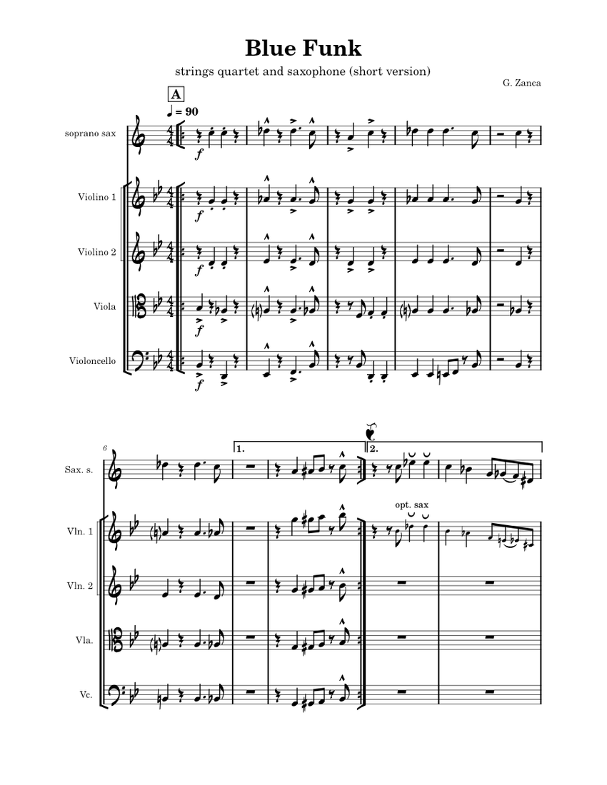 Blue Funk Sheet music for Violin, Viola, Cello, Saxophone soprano ...