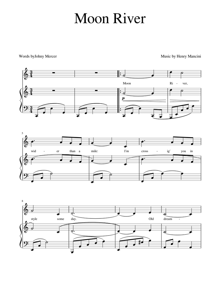 Moon River Sheet Music for Piano, Vocals (Piano-Voice) | MuseScore.com