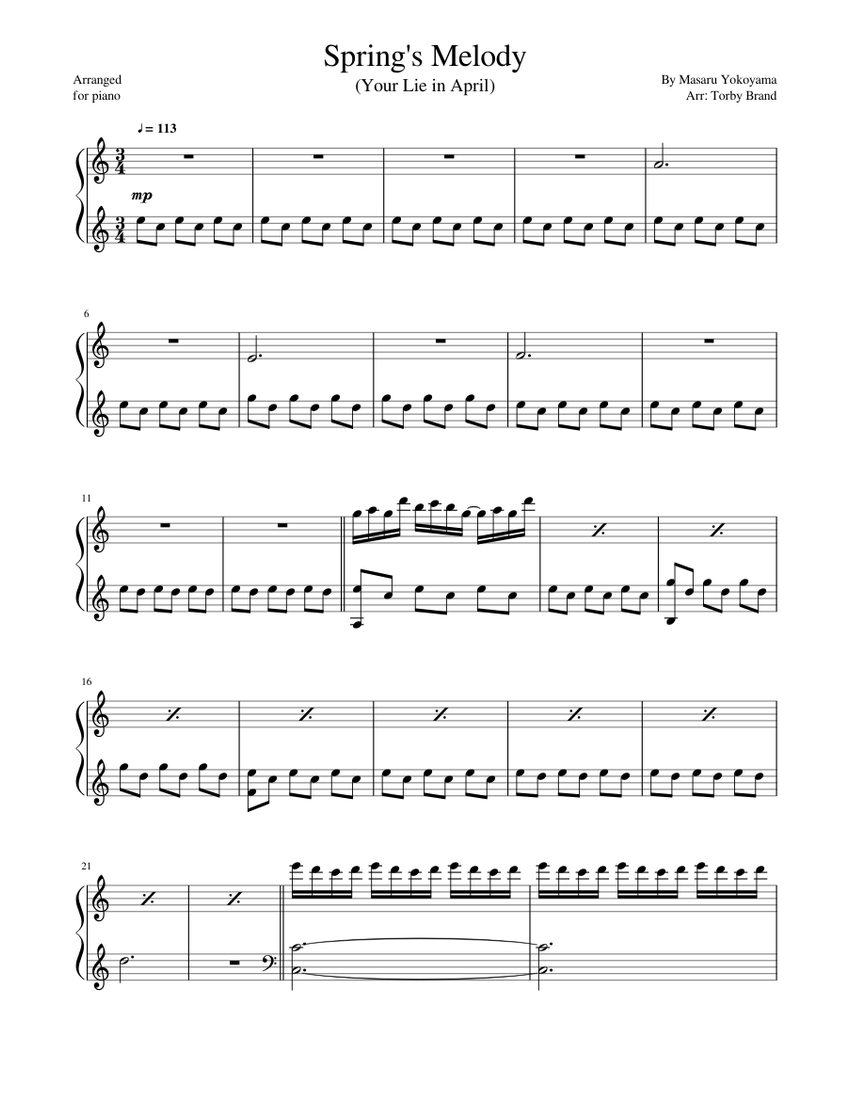 Spring's Melody (Friend A) - Your Lie in April Sheet Music for Piano ...