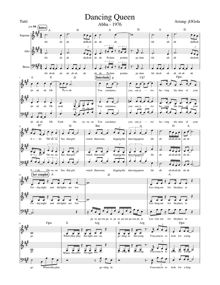 DANCING QUEEN Sheet Music with Chords for Alto, Vocals, Snare drum ...