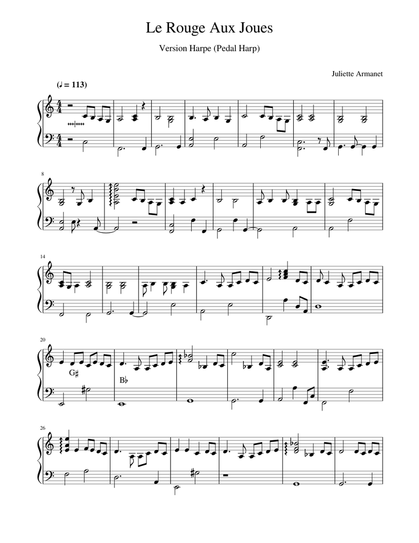 Le Rouge Aux Joues – Juliette Armanet - Pedal Harp Sheet music for Harp ...