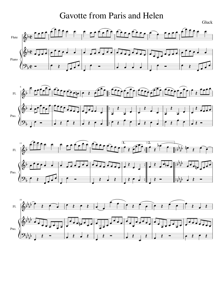 Gavotte from Paris and Helen by Gluck Sheet Music for Piano, Flute ...