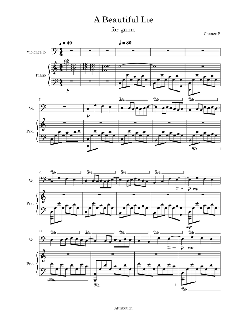 A Beautiful Lie Sheet Music for Piano, Cello (Mixed Duet) | MuseScore.com