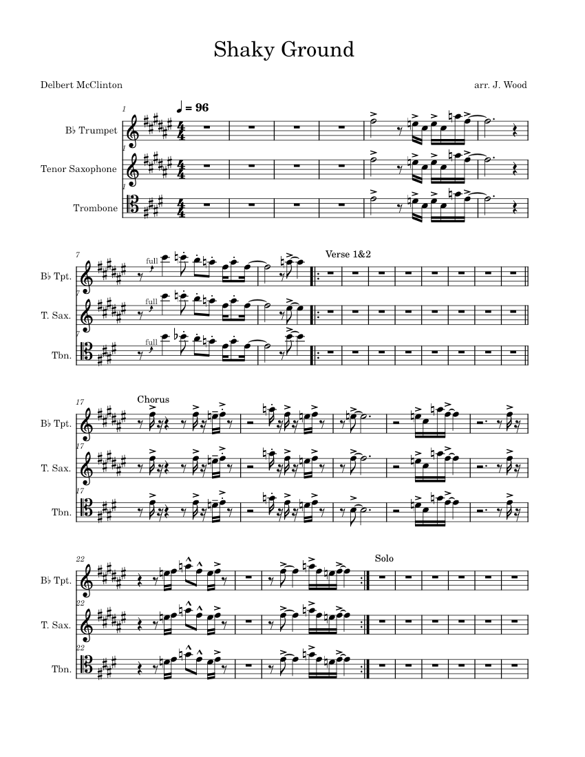 Shaky ground – Delbert McClinton Shaky Ground Sheet Music for Trombone, Saxophone tenor, Trumpet ...