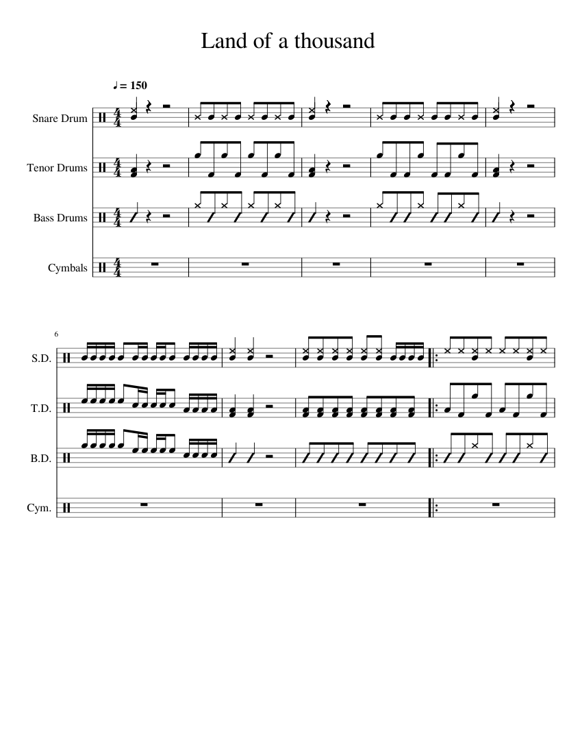 Land of a thousand Sheet music for Snare drum, Crash, Tenor drum, Bass drum (Mixed Quartet ...