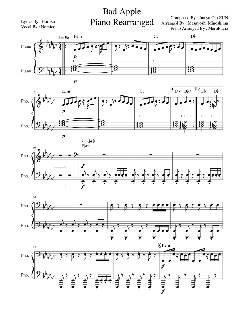 Bad Apple - Piano Rearranged Sheet Music with Chords for Piano (Solo ...