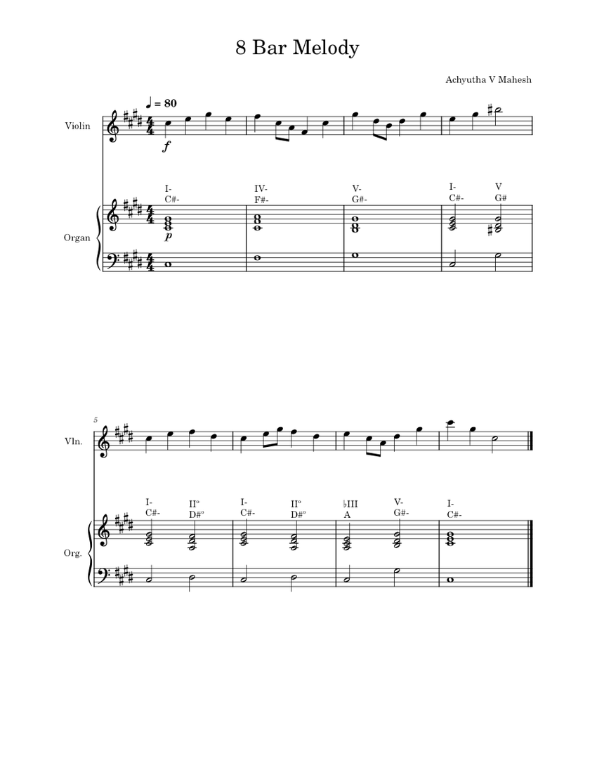 8 Bar Melody Sheet music for Organ, Violin (Mixed Duet) | Musescore.com