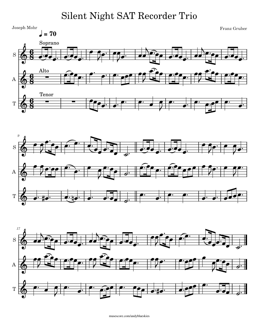 Silent Night SAT Recorder Trio Sheet music for Recorder (Woodwind Trio ...