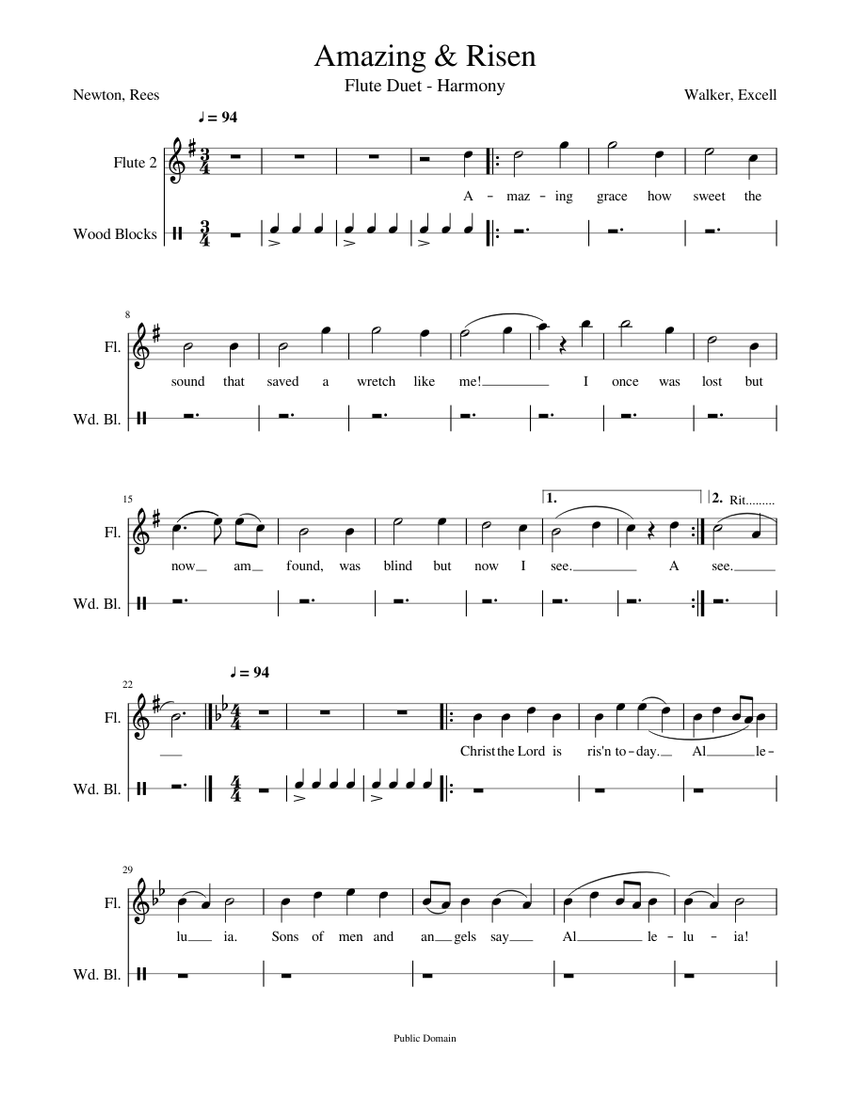 Amazing Grace Sheet music for Flute, Woodblock (Mixed Duet) | Musescore.com