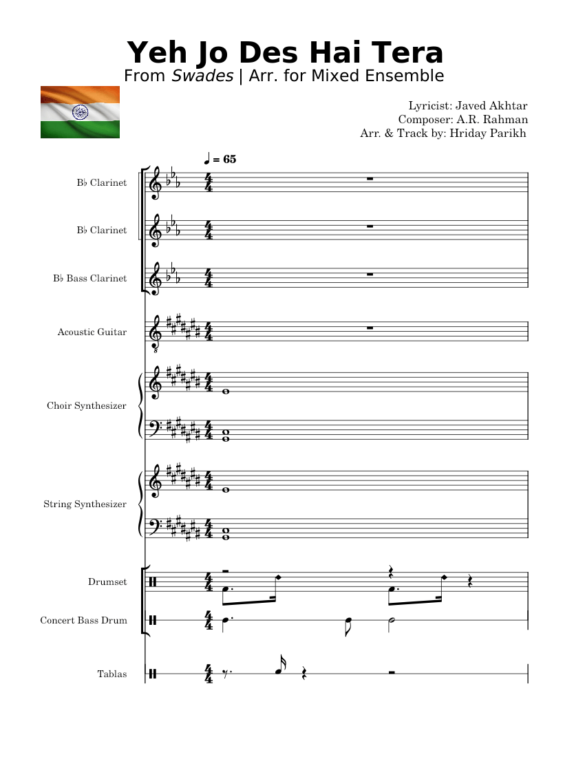 Yeh Jo Des Hai Tera from Swades | Arr. Hriday Parikh Sheet Music for ...