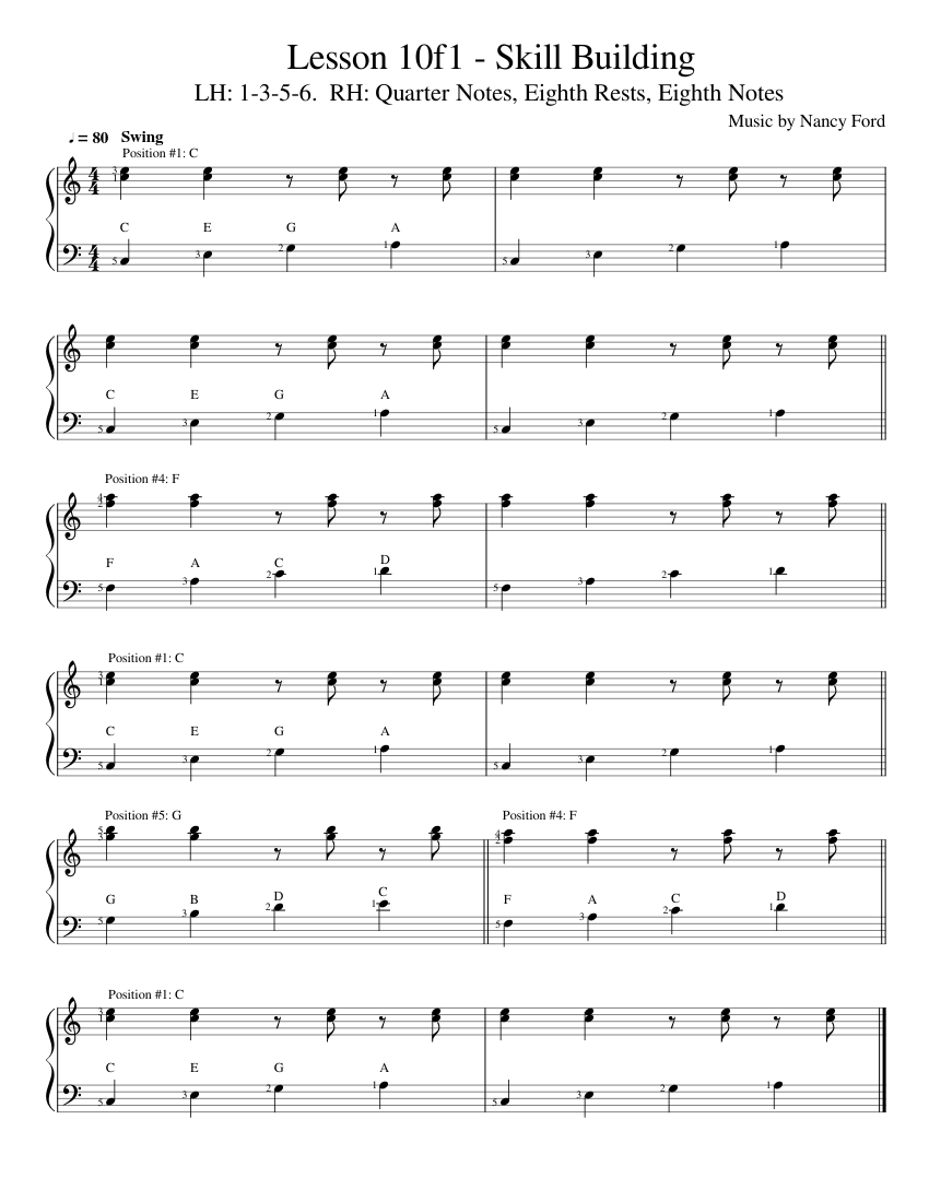 Lesson 10f1 - Skill Building - LH 1-3-5-6, RH - Quarter Notes, Eighth ...