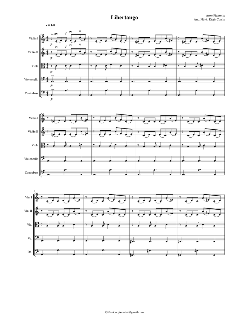 Libertango Sheet Music for Contrabass, Violin, Viola, Cello (String ...
