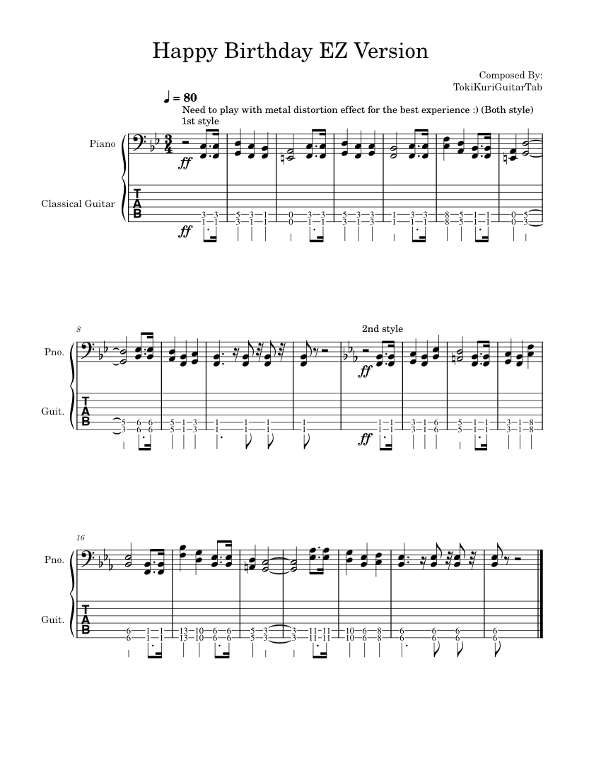 Happy Birthday - Guitar Tab (Easy Version) Sheet Music for Piano ...