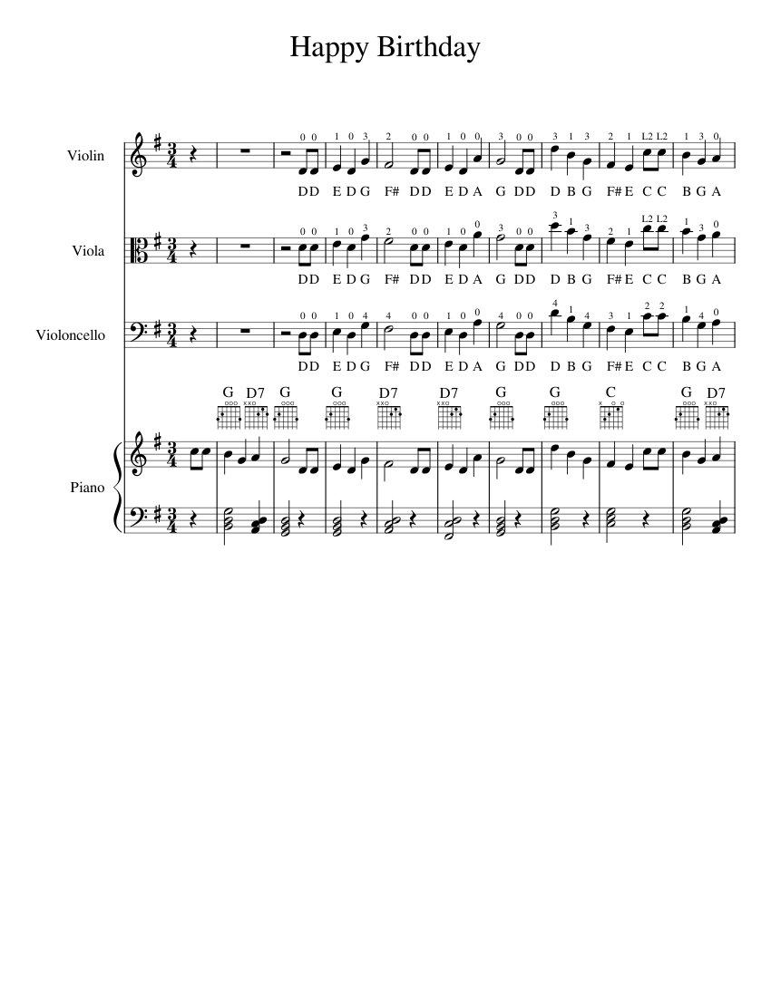 Happy Birthday Violin Viola Cello Sheet music for Piano, Violin, Viola ...