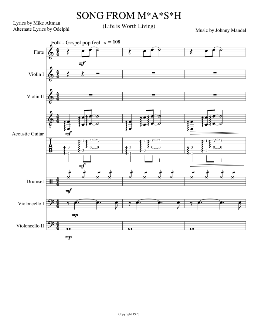 SONG FROM MASH Sheet Music and Tab with Chords for Flute, Violin, Cello ...