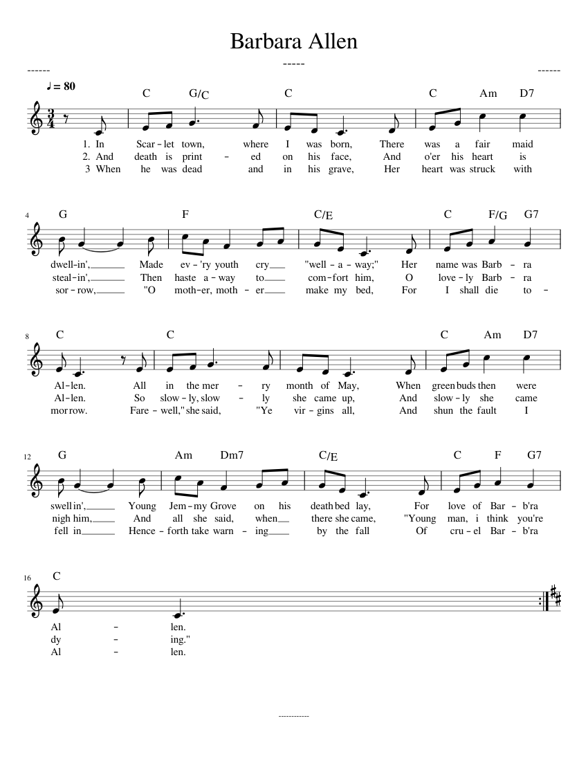 Barbara Allen Sheet Music with Chords for Piano, Vocals (Piano-Voice ...