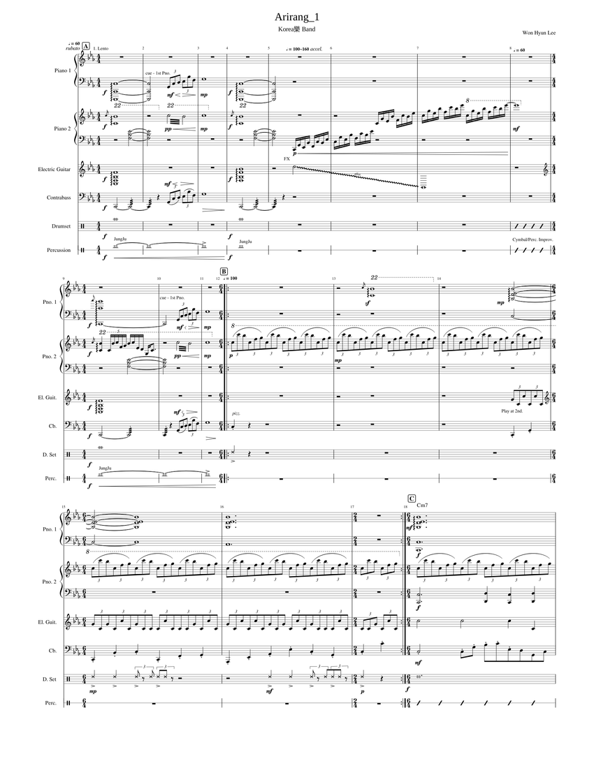 Arirang 1 Sheet Music with Chords for Piano, Guitar, Drum group ...