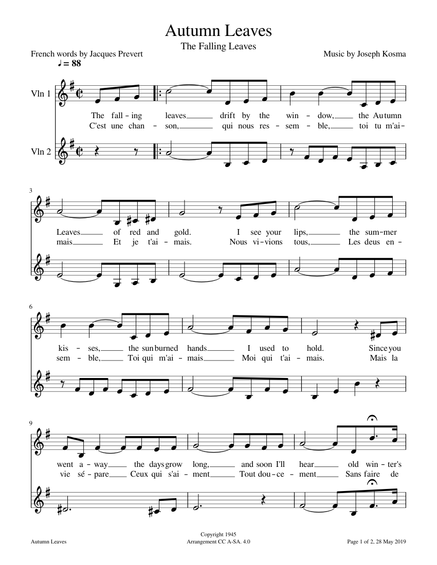 Autumn Leaves Sheet Music for Violin (String Duet) | MuseScore.com