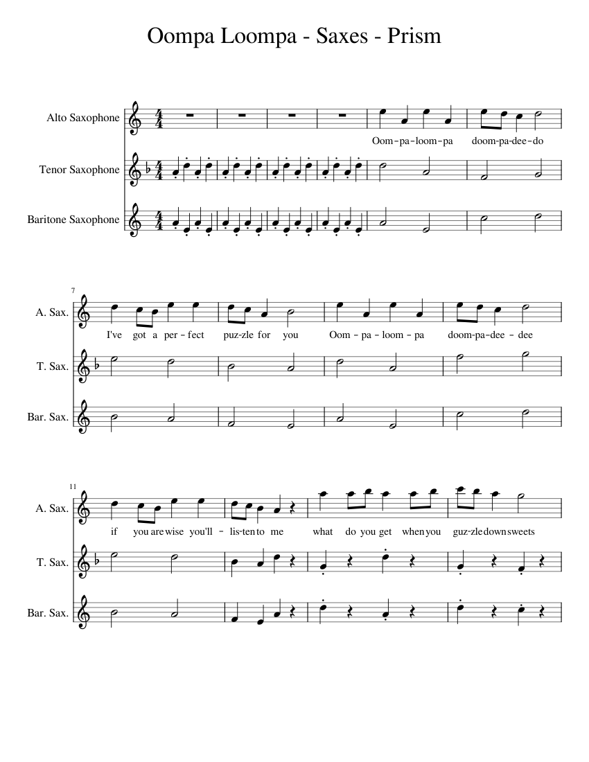 Oompa Loompa - Saxes - Prism Sheet Music for Saxophone alto, Saxophone ...