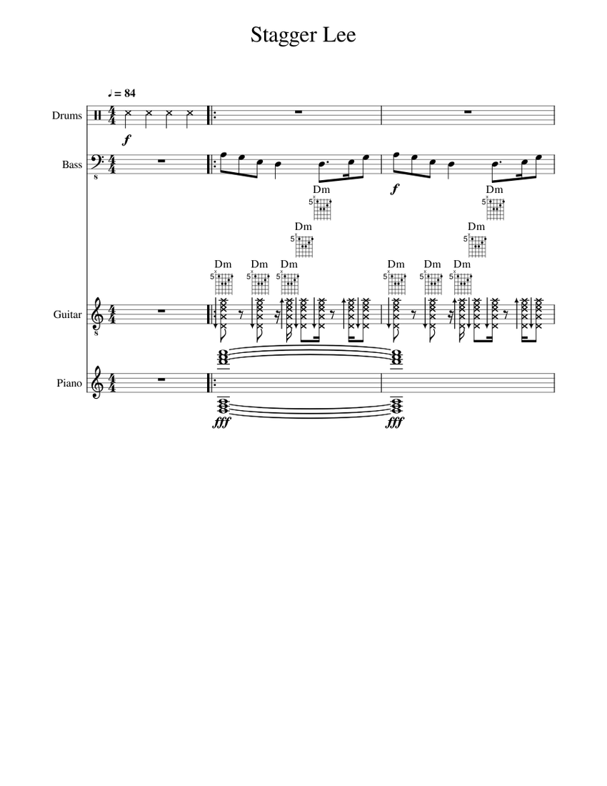 Stagger Lee Sheet Music for Piano, Guitar, Bass guitar (Rock band ...