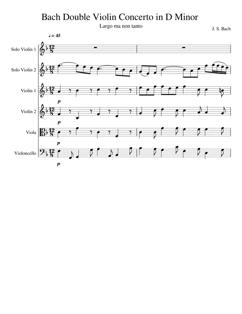 Bach Double Violin Concerto in D Minor - Largo ma non tanto Sheet Music ...