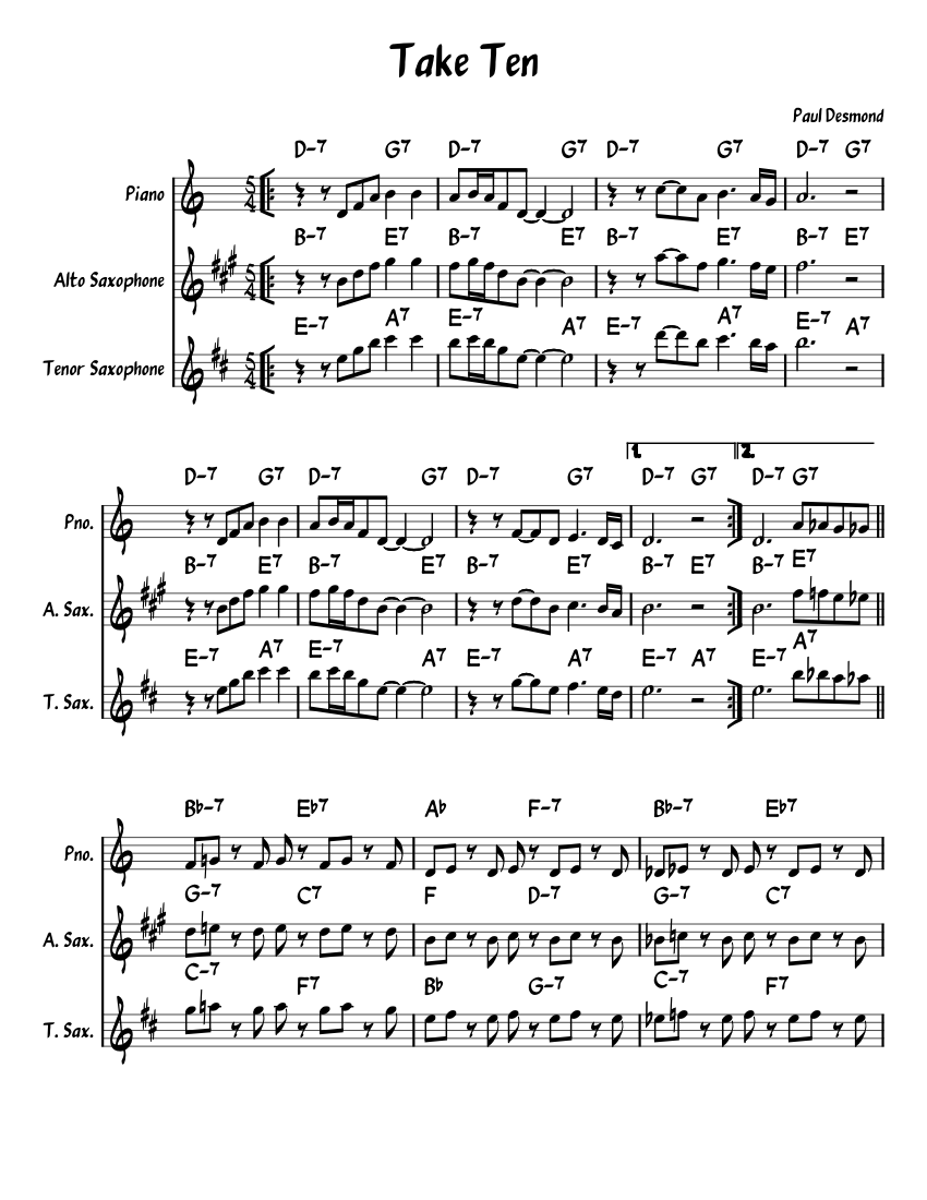Take Ten - Paul Desmond Sheet Music with Chords for Piano, Saxophone ...