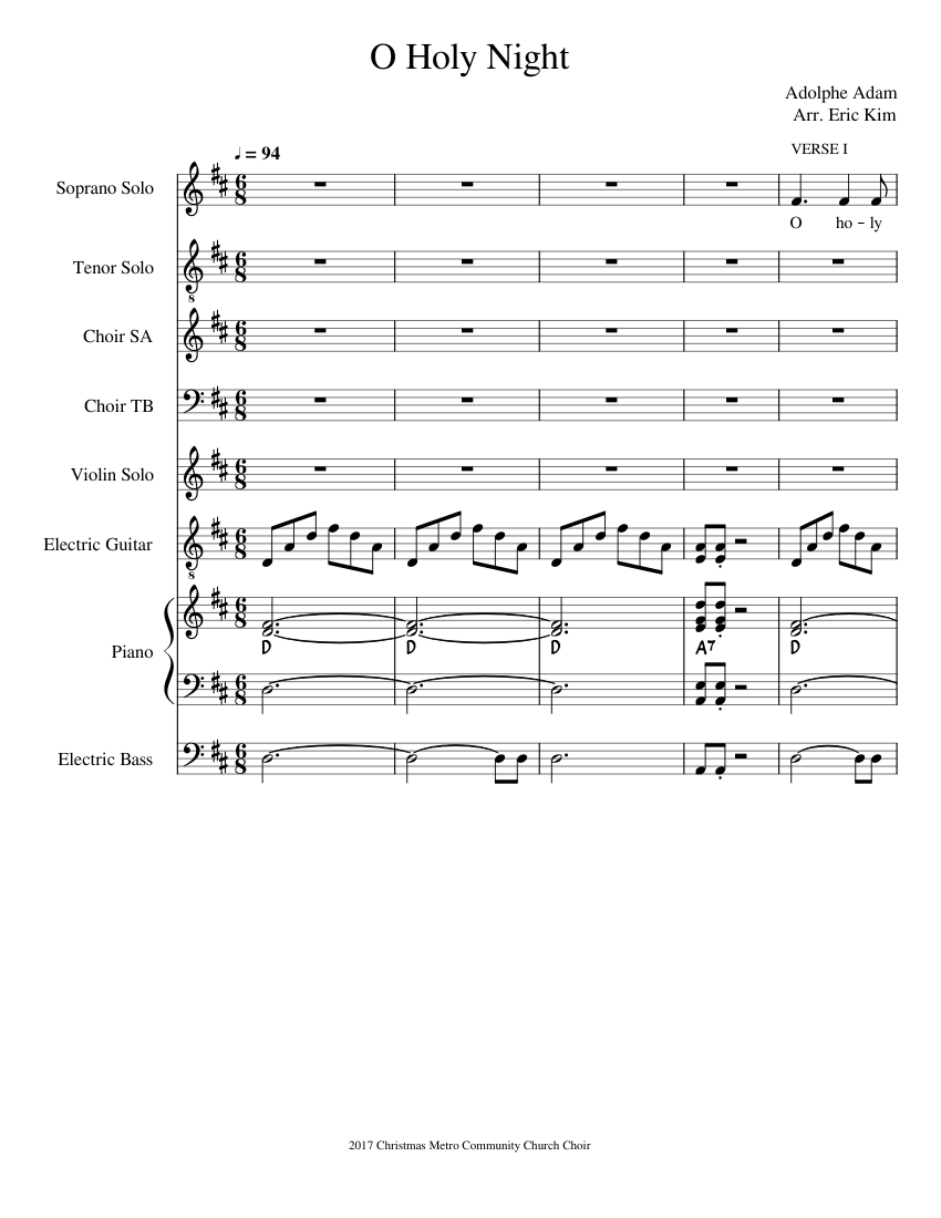 O Holy Night Christmas 2017 Sheet Music with Chords for Piano, Soprano ...