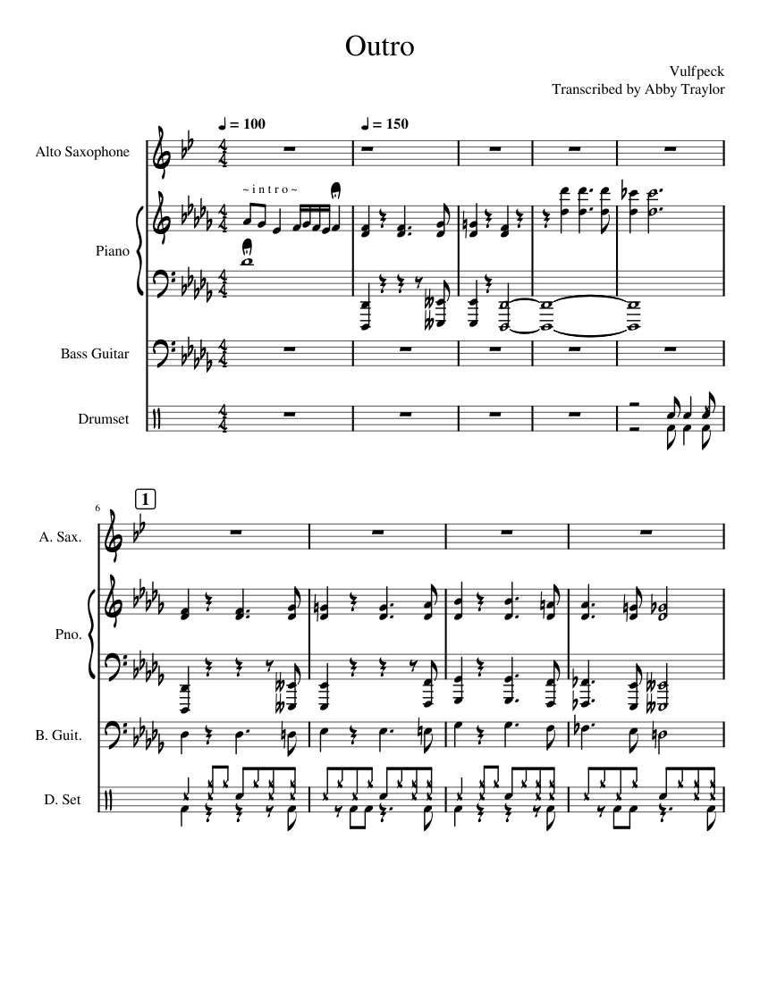 Outro Sheet Music for Piano, Saxophone alto, Bass guitar, Drum group ...
