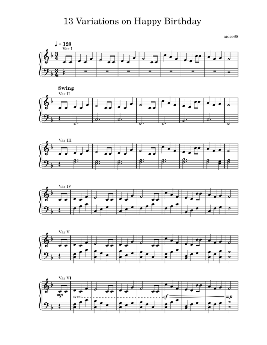 13 Variations on Happy Birthday Sheet Music for Piano (Solo ...