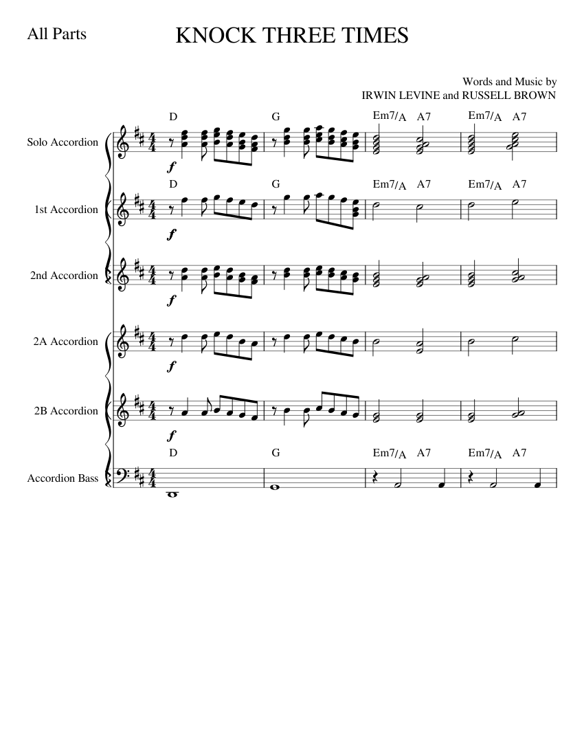 Knock Three Times Sheet Music with Chords for Accordion (Piano Trio ...