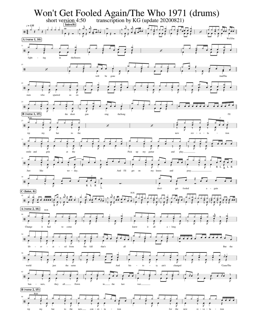 Won't Get Fooled Again The Who 1971 drums Sheet Music for Drum group ...