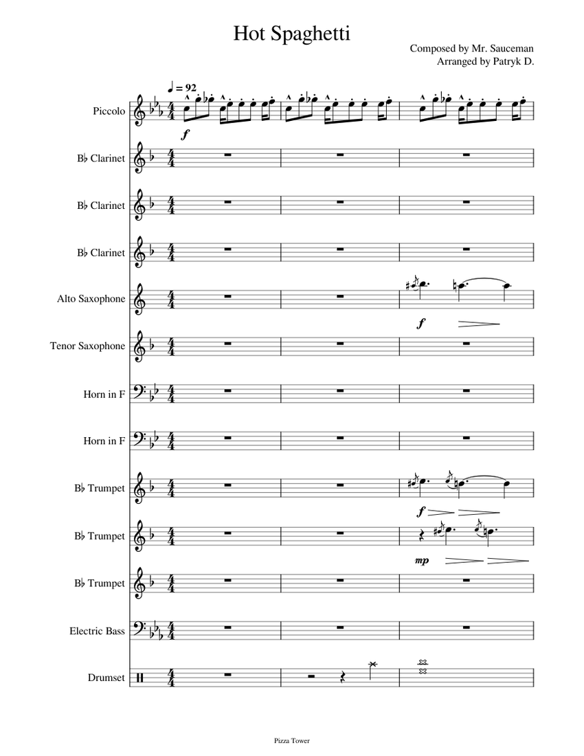 Pizza Tower OST - Hot Spaghetti Sheet Music for Flute piccolo, Clarinet ...