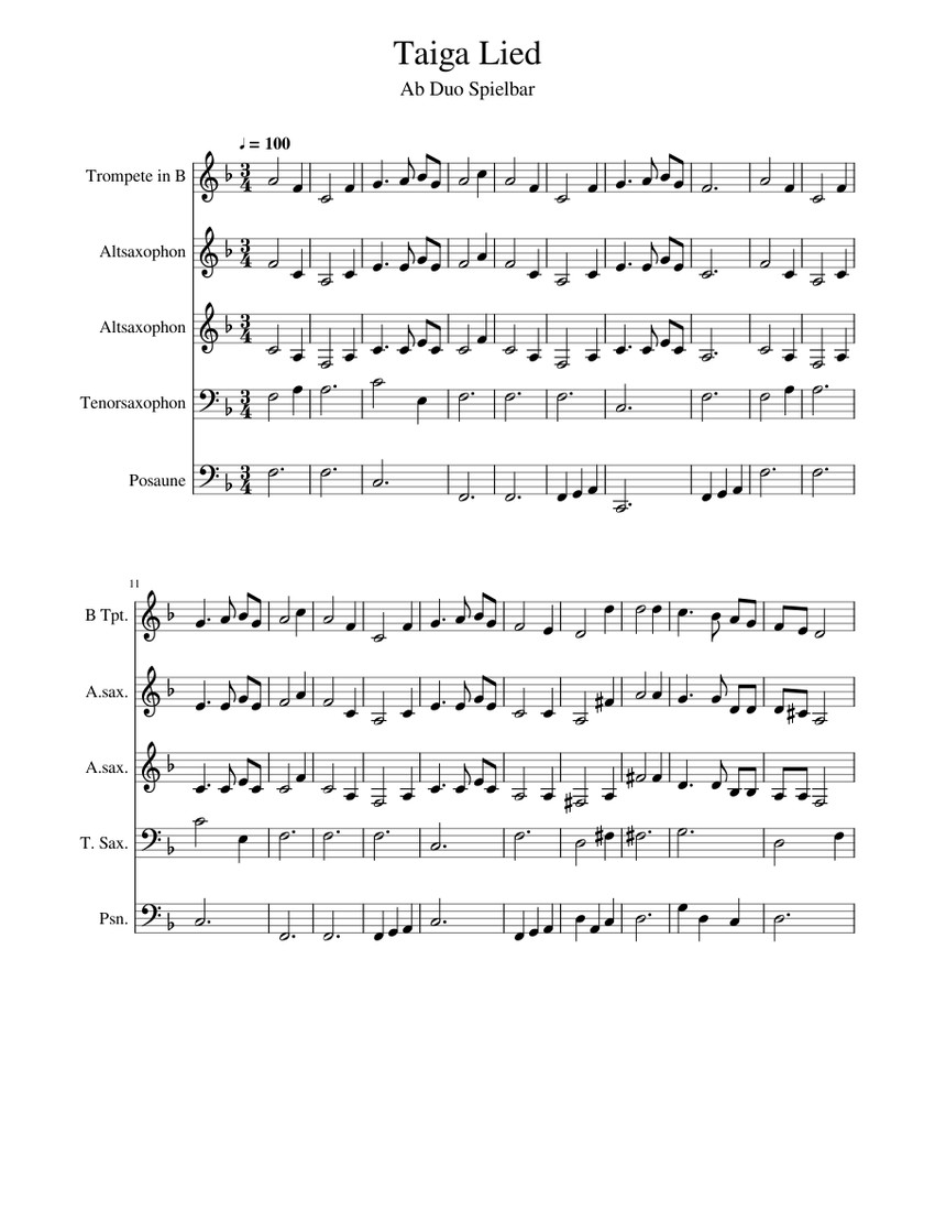 Taiga Lied Sheet Music for Trombone, Saxophone alto, Saxophone tenor, Trumpet in b-flat (Mixed ...