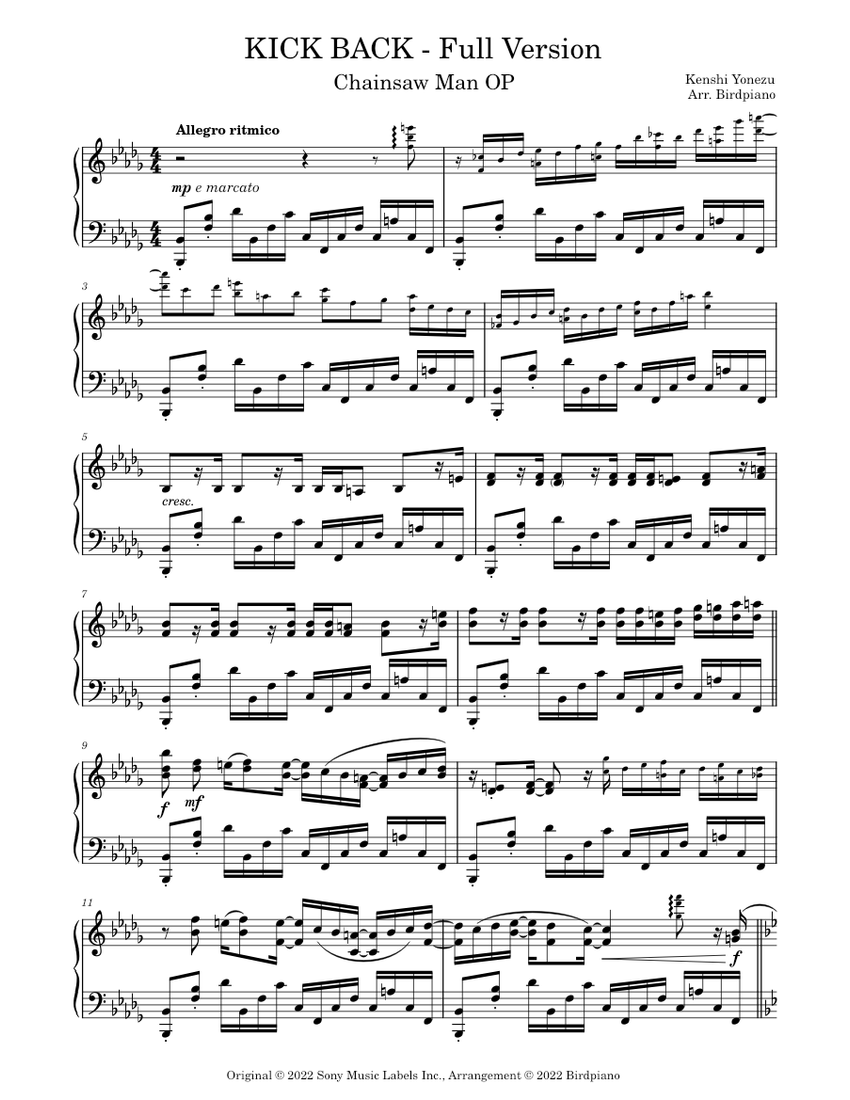 KICK BACK: Full Version | Chainsaw Man OP (Chaotic Piano Solo) Sheet ...