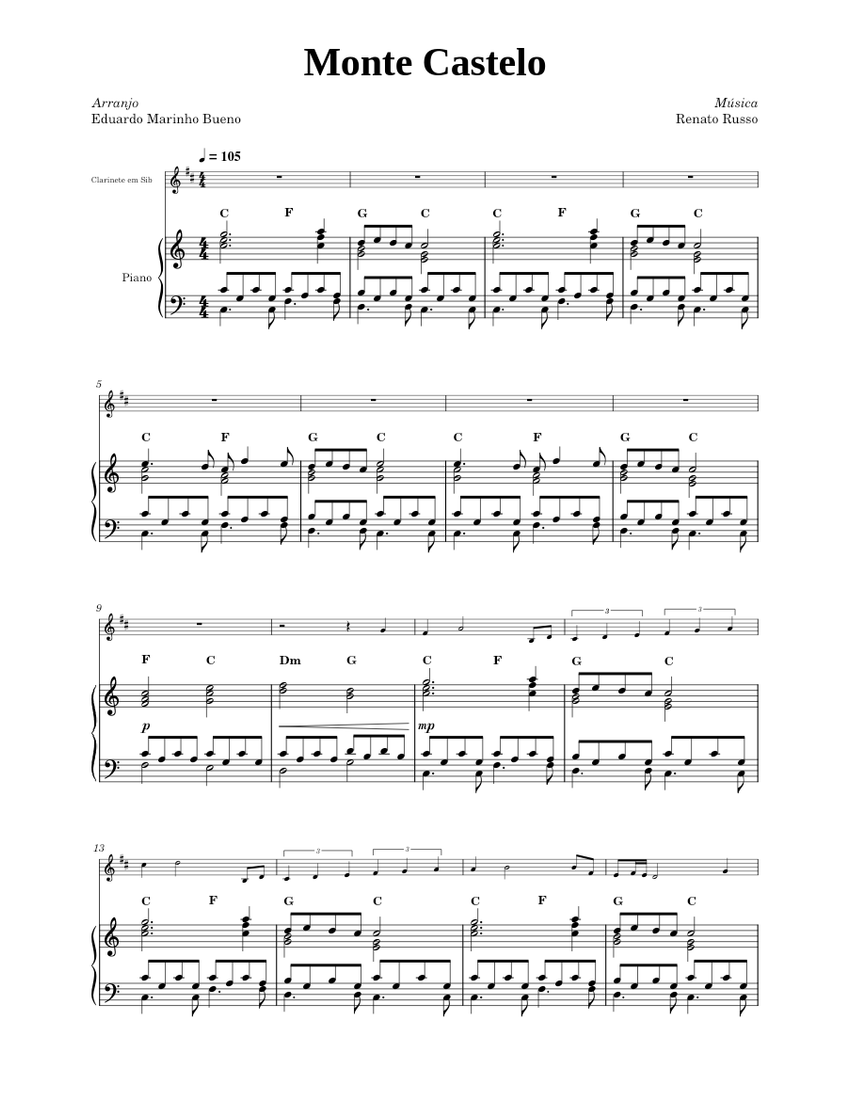 Monte Castelo Sheet Music with Chords for Piano, Clarinet other (Solo ...