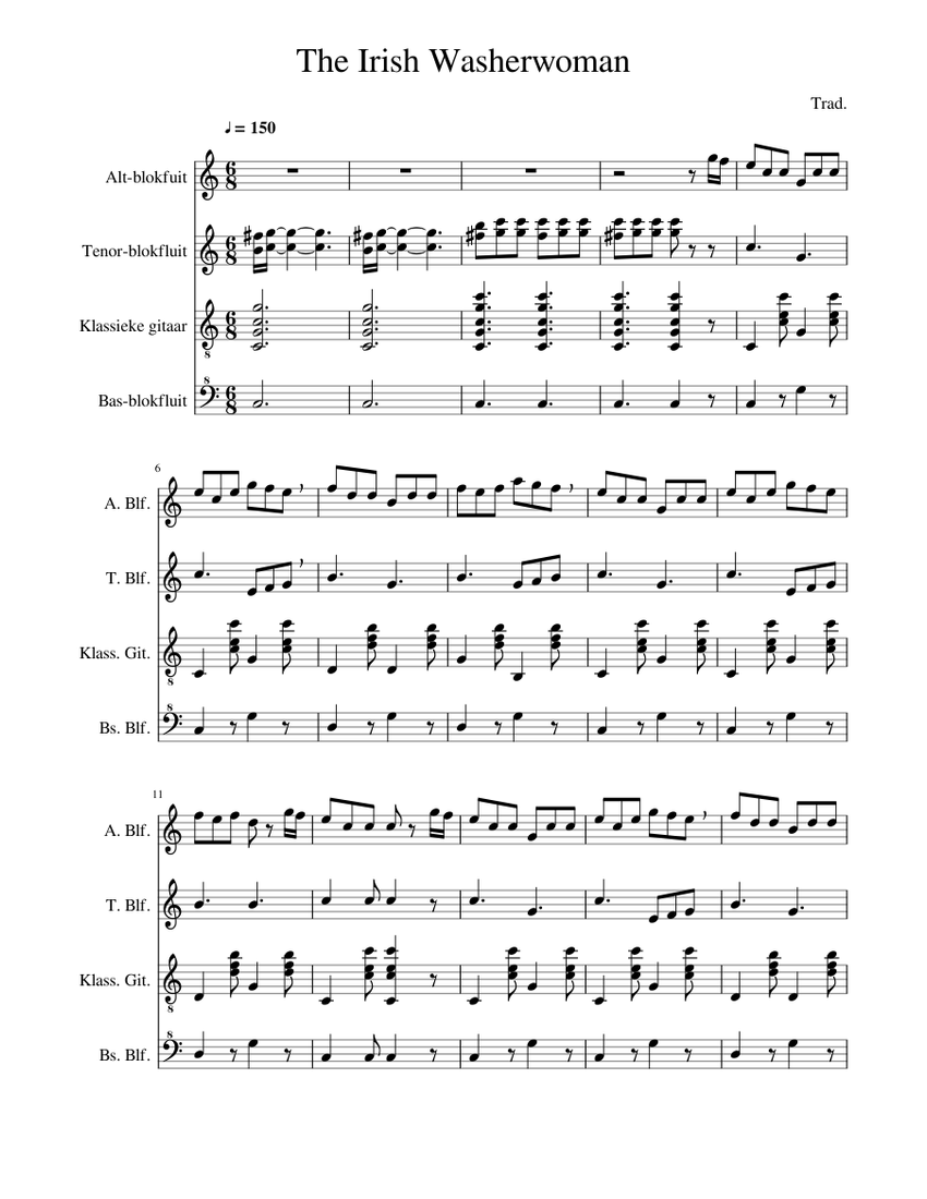 The Irish Washerwoman Sheet Music for Guitar, Recorder (Mixed Quartet ...