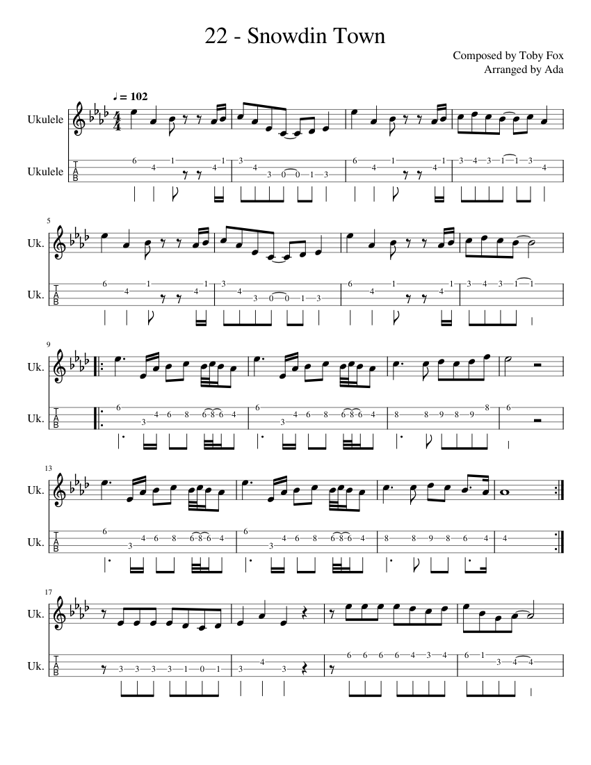 Undertale OST 22 - Snowdin Town Ukulele melody Sheet Music and Tab for ...